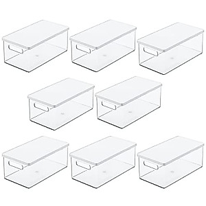mDesign Plastic Storage Bin Box Container, Lid, Built-in Handles, Organization for Makeup, Hair Styling Tools, Accessories in Bathroom Cabinet, Cupboard Shelves, Ligne Collection, 8 Pack, Clear/White