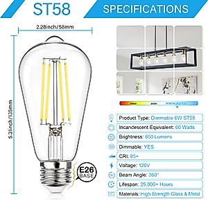 MAXvolador 12-Pack Dimmable Vintage LED Edison Bulb 60W Equivalent, 6W 850Lumens Edison Light Bulbs 5000K, ST58 Antique LED Filament Bulb, E26 Base