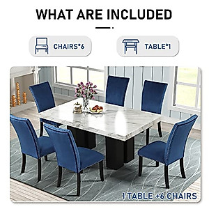 DEINPPA 7 Piece Kitchen Table Set with 1 Faux Marble Rectangular Table and Dining Chairs Set of 6 for Dining Room and Living Room (Blue)
