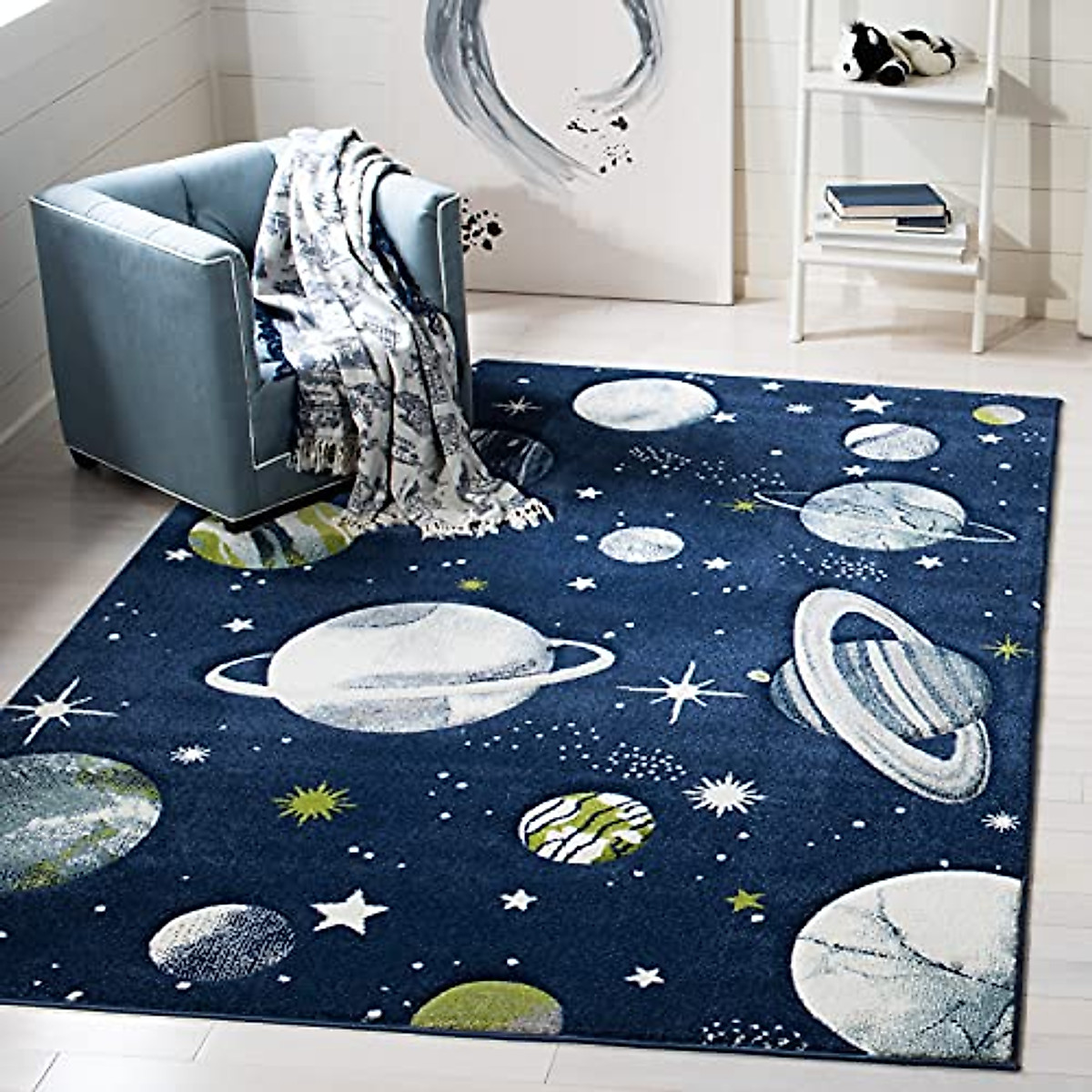 SAFAVIEH Carousel Kids Collection 4' x 6' Navy/Ivory CRK103N Outer Space Non-Shedding Playroom Nursery Bedroom Accent Rug