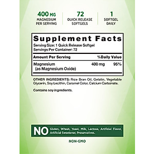 Magnesium | 400mg | 72 Softgels | Value Size | Extra Strength | from Magnesium Oxide | Non-GMO and Gluten Free Supplement | by Nature's Truth