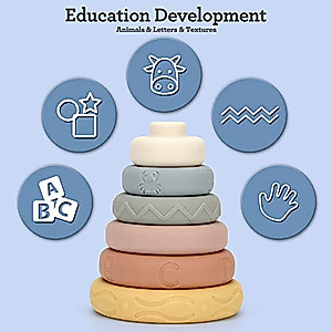 Mini Tudou 6 PCS Baby Stacking & Nesting Toys, Soft Stacking Blocks Ring Stacker, Baby Sensory Teether Toys with Letter, Animal and Shape, Early Learning Toys for Babies Toddlers Kids 6 Months