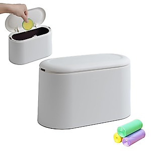 Small Trash Can with Lid,Pop-Up Small Desk Garbage Can,Waste Can with Press Type Lid,Plastic Mini Trash Can for Office,Kitchen,Bedroom,Bathroom,Vanity,Car(White)