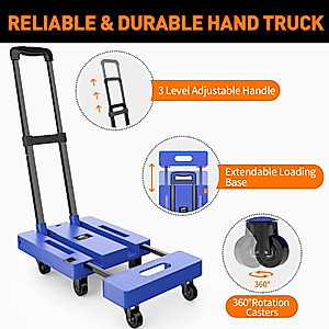 Ronlap Folding Hand Truck, Foldable Moving Dolly Cart with Wheels 500lbs Heavy Duty Luggage Cart Portable Hand Cart Collapsible Dolly with 6 Wheels & 2 Ropes for Airplane Travel House Moving, Blue