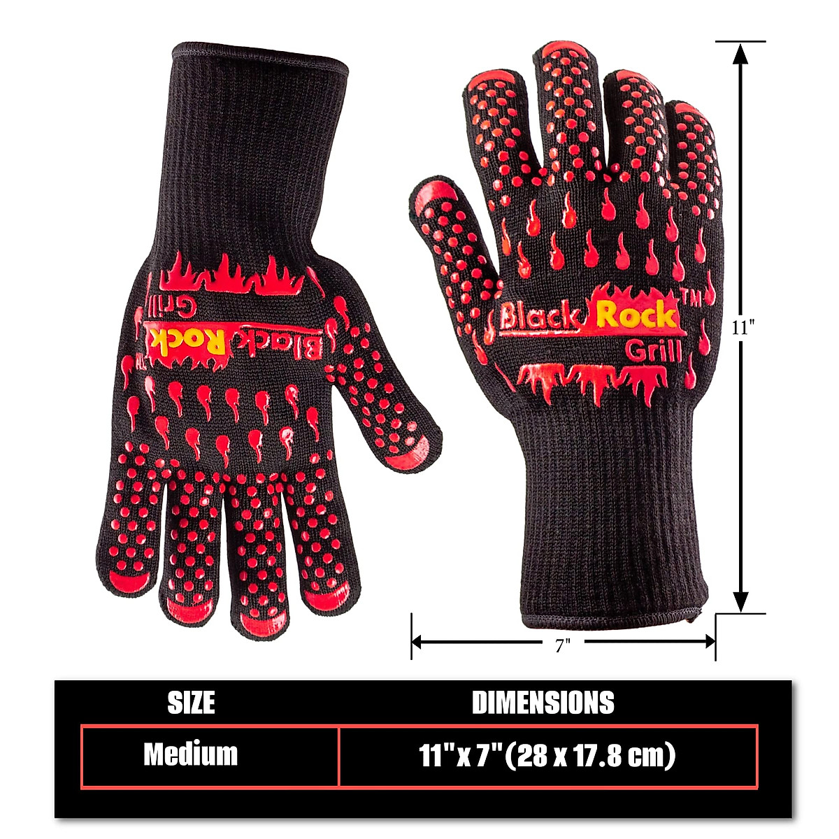 Black Rock Grill Fire & Heat Resistant Cooking Gloves 923F -28cm Silicone Safety Oven Mitts with Fingers- Gloves for Grilling, BBQ, Fireplace, Lava Stones, EN407,EN388, EN ISO 21420 Certified (Medium)