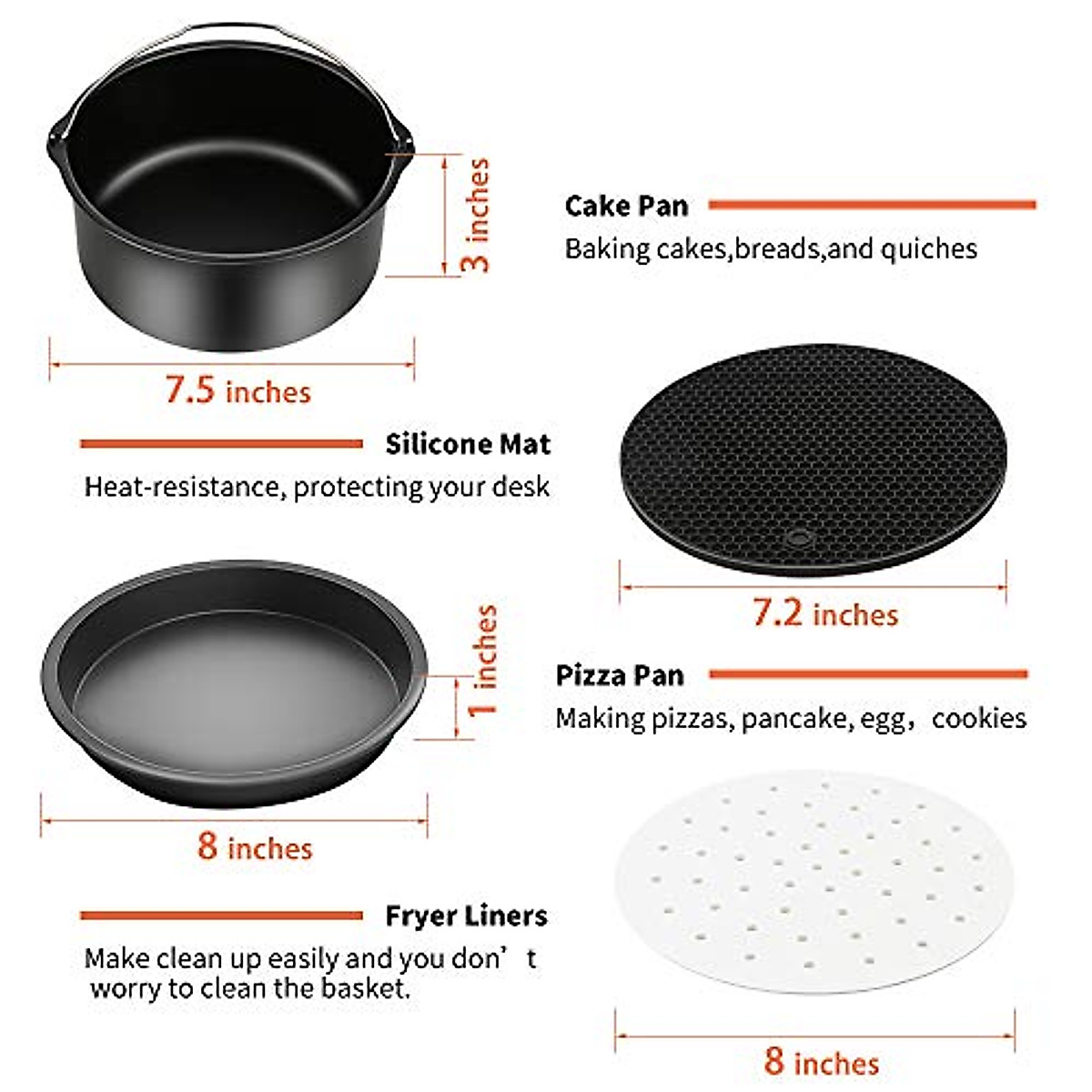 Air Fryer Accessories 11PCS for Phillips Ultrean Ninja Vremi Air Fryer, Fit all 3.7QT-4.0-5.8QT Power Deep Hot Air Fryer with Cake Barrel, Pizza Pan