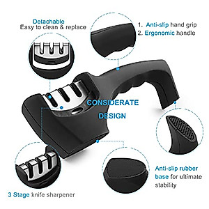 TometaMoye Kitchen Knife Sharpener - Professional 3 Stage Manual Sharpeners - Ergonomic Handle and Non-slip Base - Safe Sharpening Tool - Easily Honing Knives in a Breeze, Black.