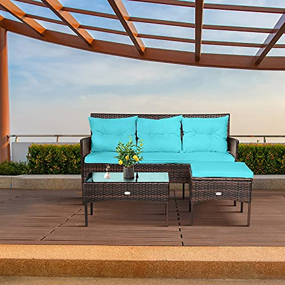 RELAX4LIFE 3 Pieces Patio Furniture Sectional Set, Rattan Wicker Conversation Set W/ 5 Cozy Seat & Back Cushions, Tempered Glass Coffee Table for Poolside, Backyard Outdoor Furniture (Turquoise)