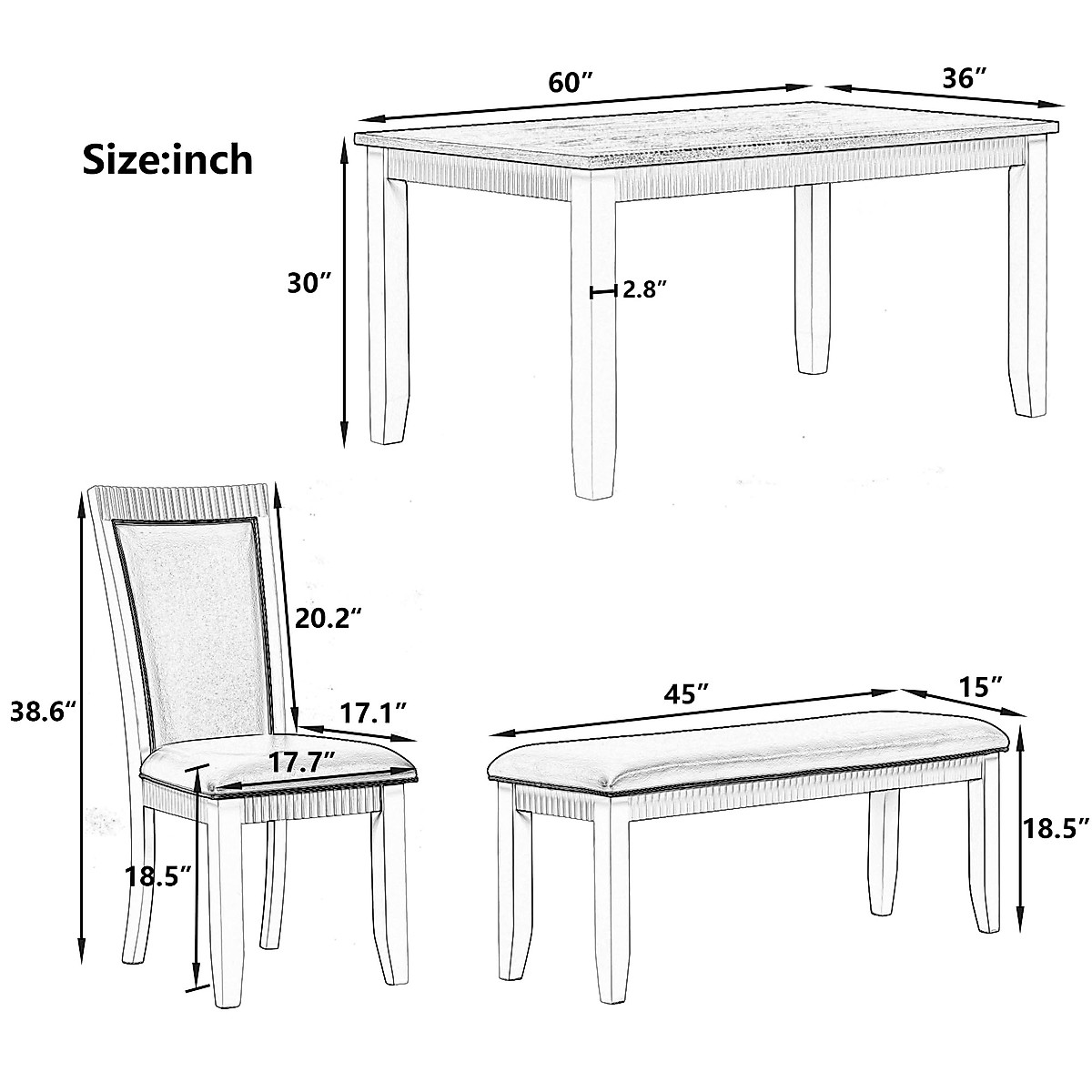 KLMM Rustic Solid Wood 6-Piece Dining Table Set with PU Leather Upholstered Chairs and Bench,for DiningRoom LivingRoom Kitchen Use (Natural Wood Wash@PU Leather)