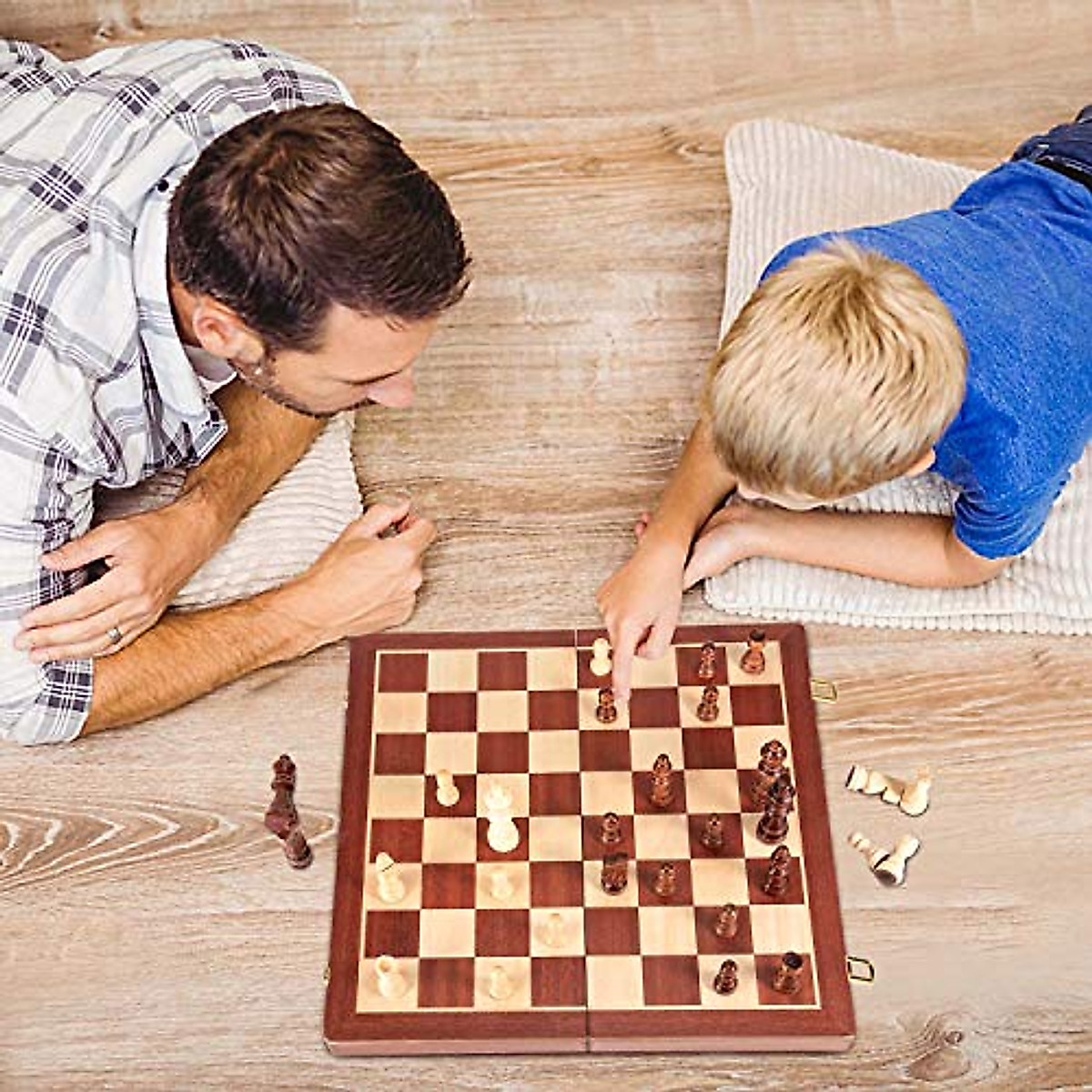 AMEROUS 15 Inches Magnetic Wooden Chess & Checkers Set (2 in 1) - Folding Board -Gift Box Packed -24 Cherkers Pieces -2 Extra Queens - Chessmen Storage Slots, Beginner Chess Set for Kids and Adults