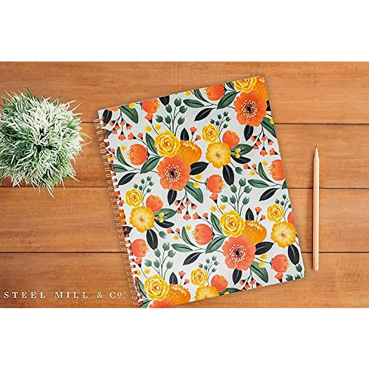 Steel Mill & Co Cute Large Spiral Notebook College Ruled, 11" x 9.5" with Durable Hardcover and 160 Lined Pages, Orange Floral