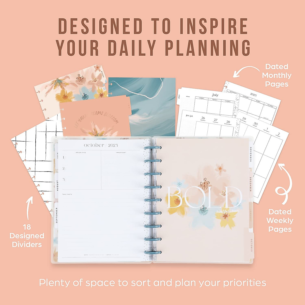 Happy Planner 2023 Daily Diary and Calendar, 18-Month Daily, Weekly, Monthly July 2023–Dec. 2024 Planner Diary, Vertical Layout, Softly Modern Theme, Classic Size, 17.78 x 23.50 cm (7" x 9 3/4")