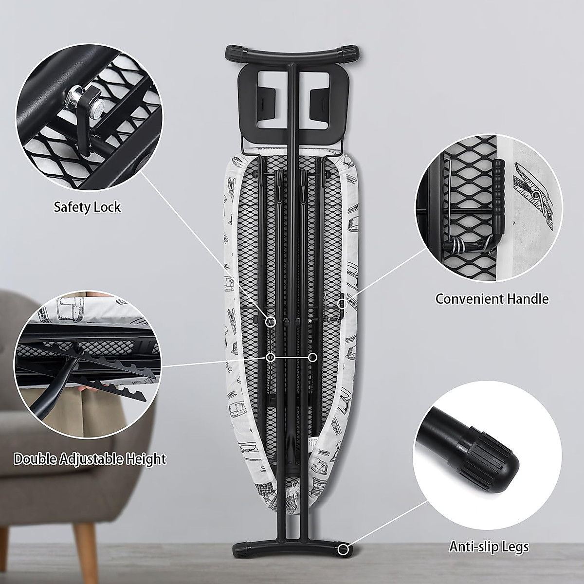 Duwee 12"x36" Ironing Board with Heat Resistant Cover and Thicken Felt Pad, Heavy Sturdy Legs