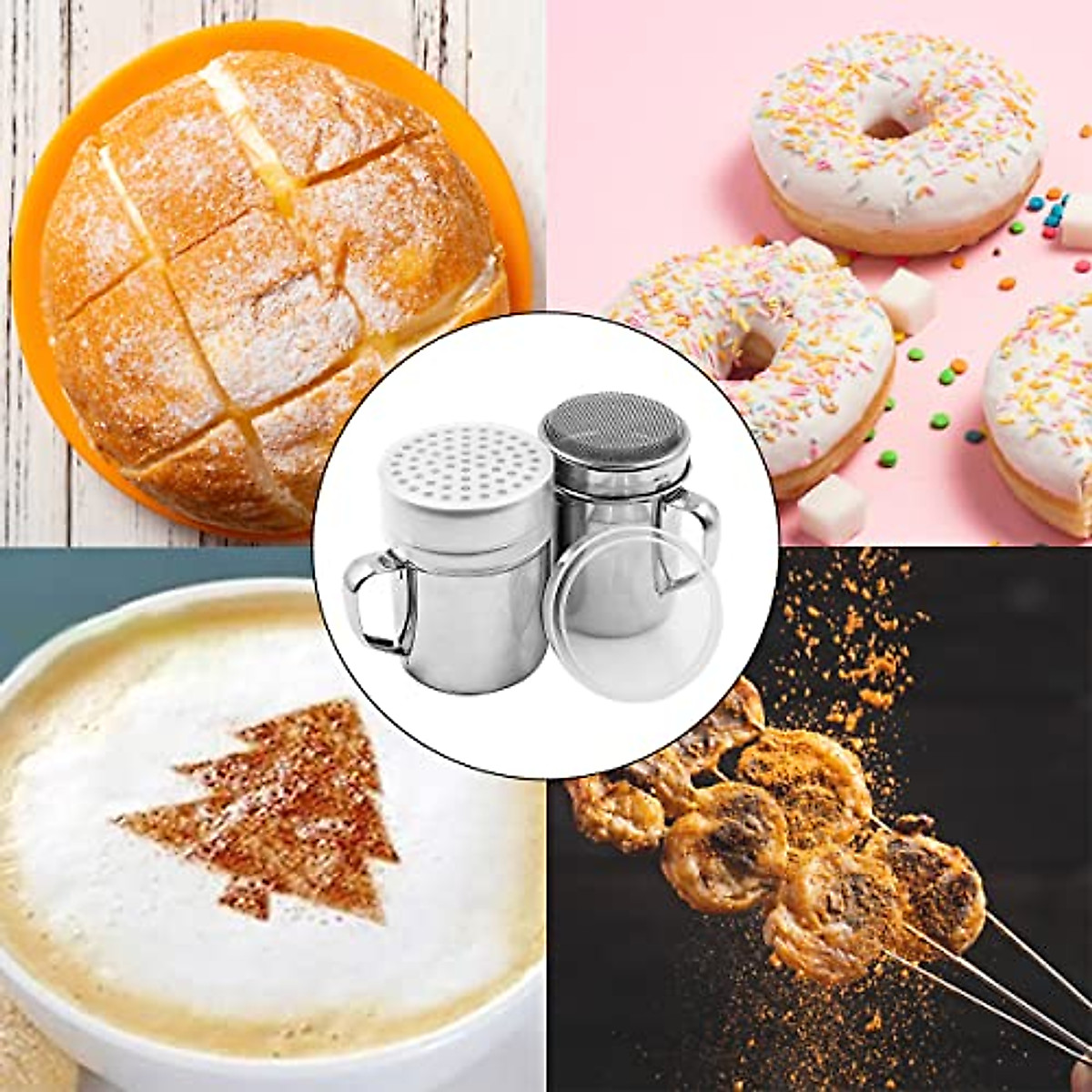 Powdered Sugar Shaker Duster with Handle, SENHAI 2pcs Stainless Steel Powder Shakers for Sugar Pepper Cinnamon Powder Flour with Printing Molds Stencils - Fine & Large Mesh