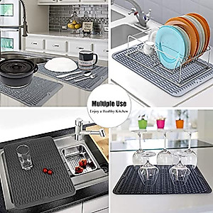 Silicone Dish Drying Mat, Non-Slip Easy Clean Sink Mat Large Heat-resistant Dish Drainer Mat for Kitchen Counter, Sink, Refrigerator or Drawer liner (16" x 12", BLACK)