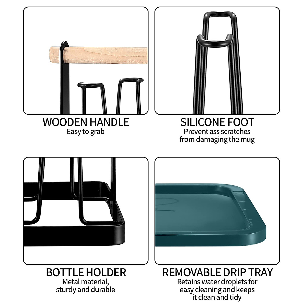 wugongshan Water Bottle Drying Rack, Cup Drying Rack, Coffee Mugs Wine Glass Drying Rack, Tumbler Bottle Drying Drainer Stand with Wood Handle & Removable Draining Tray for Kitchen Countertop