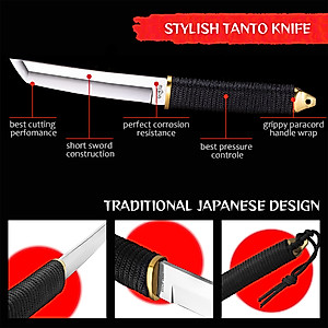 Grand Way Bundle of 2 Items - Japanese Fixed Blade Tanto Knife - 5,9" Polished Sharp Blade - Knives with Paracord Handle - Hiking Hunting Knofe - Sharp Blade Tool - Birthday Christmas Gifts for Men