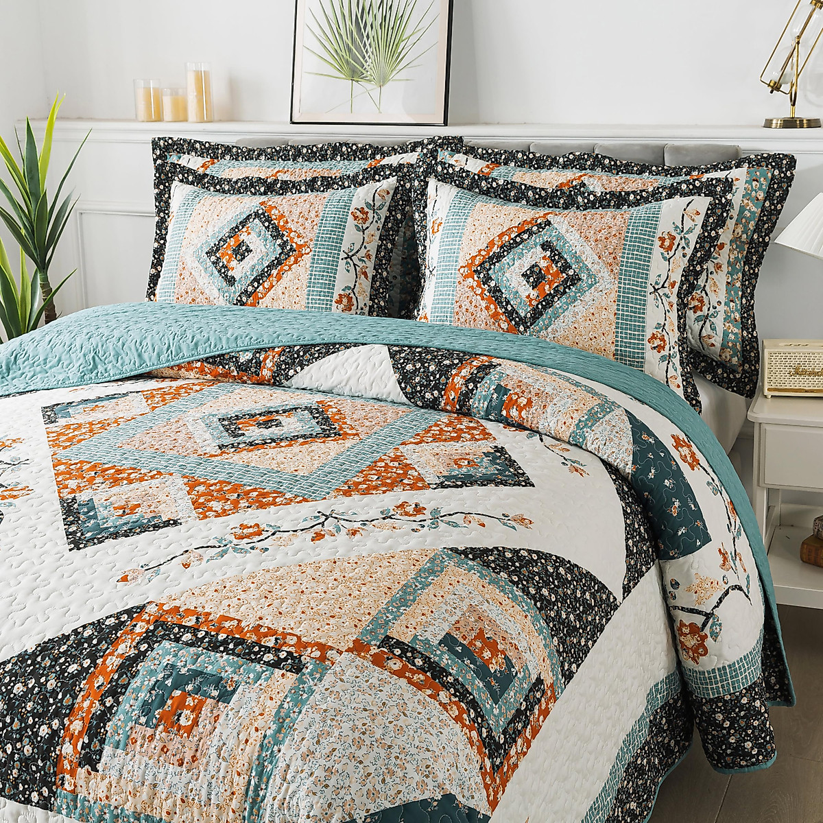 BEDIFANY Cotton King Size Quilt Sets, Lightweight King Quilt Bedding Set (98 x 106 inch) Garden Style Floral Bedspread King Size Coverlet Set for Bed Decorations - All Seasons, 3 Pieces