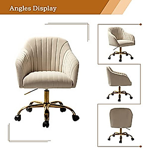 HULALA HOME Velvet Home Office Desk Chair, Modern Cute Computer Task Chair, Wheels Swivel Height Adjustable Upholstered Vanity Chair for Women, Girls (Gold Base, Tan)