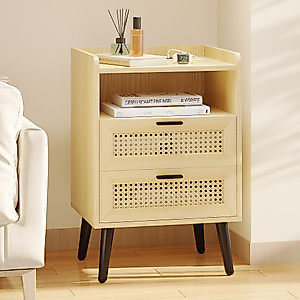 Vlskra Rattan Nightstand with Charging Station, Boho Night Stand with 2 Storage Drawers, Tall Boho Nightstand with Light, 3 Colors Dimmable Lighting, Human Sensor Light (Light Wood)