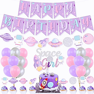 Outer Space Disco Girls Birthday Decorations, Out of This World Space Disco Happy Birthday Party Banner Cake Topper Balloon for Galaxy Astronaut Rocket UFO Planets Space Themed Birthday Baby Shower