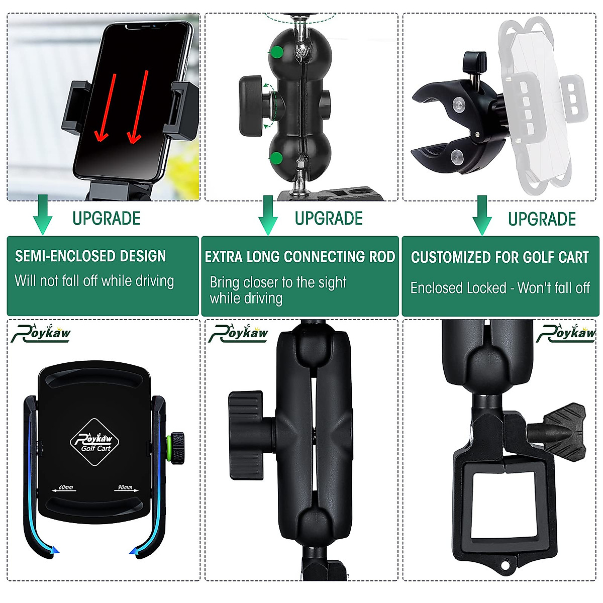 Roykaw Golf Cart Phone Mount Holder Compatible with iPhone/Galaxy/Google Pixel- Fit for EZGO Club Car Yamaha and Most Other Golf Cart Models,Upgrade Quick Release