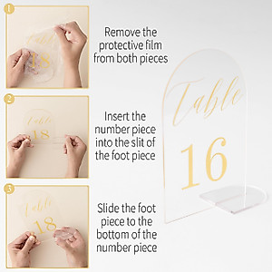 Tanther 30 Sets Acrylic Table Numbers, Gold Printed Caligraphy Lettering, Arch signs & stands, (Numbers 1 - 28, Head Table, and Gift Table Signs- 30 total), 4 x 6 Inch size, For weddings, receptions,