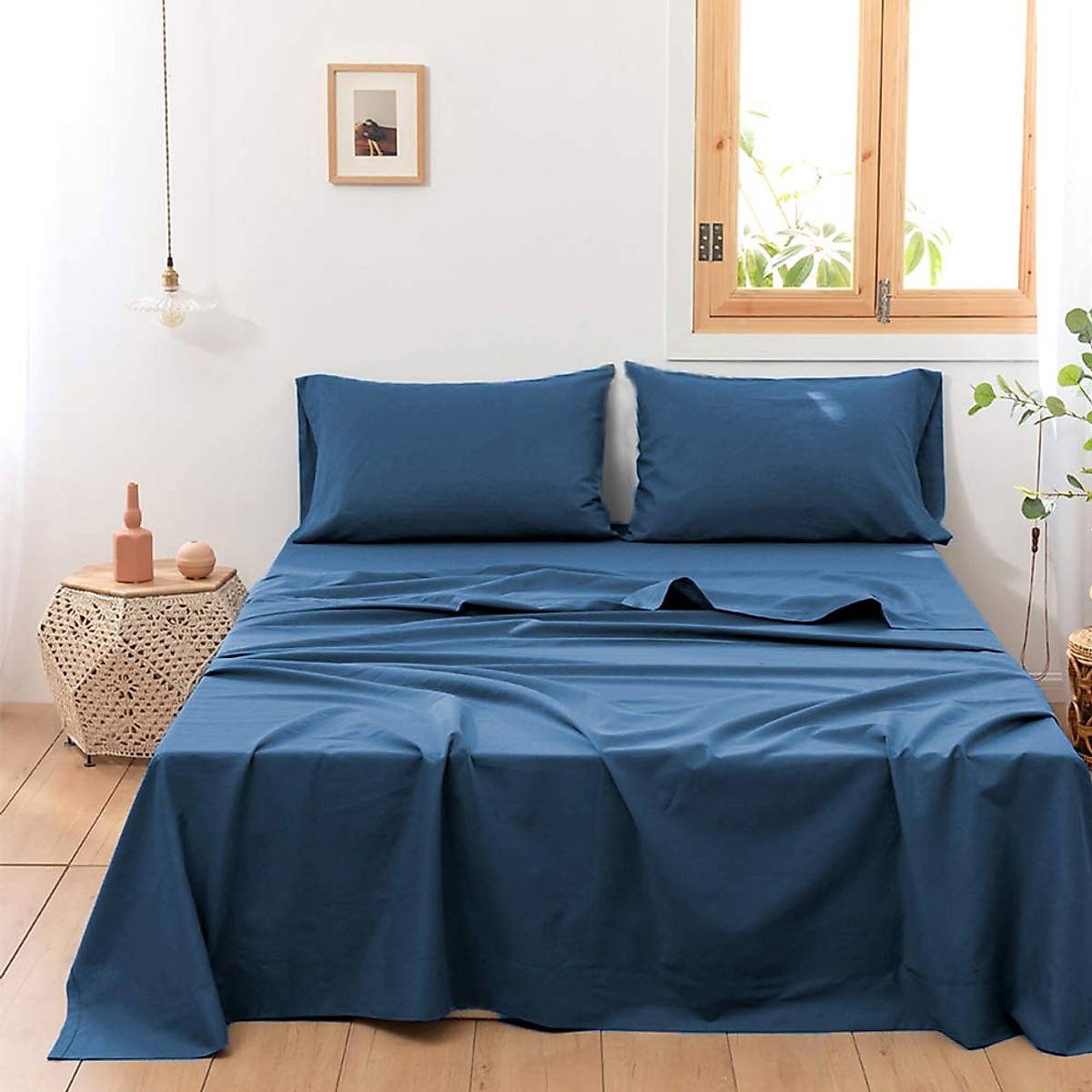 Simple&Opulence Belgian Linen Sheet Set Solid Color - 4 Pieces (1 Flat Sheet, 1 Fitted Sheet & 2 Pillowcases) Natural Flax Cotton Blend Soft Breathable Farmhouse Bedding - Queen Size, Classic Blue