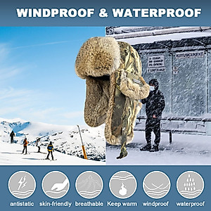 100% Real Rabbit Fur Winter Trapper Hat for Men Women Russian Fur Ushanka Aviator Hat Mens Trapper Hat with Ear Flaps Camo Brown