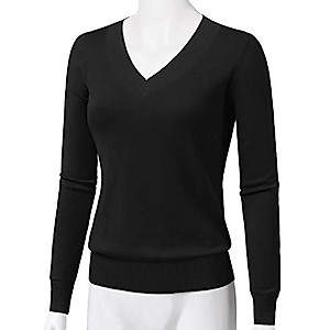 JSCEND Women's V-Neck Long Sleeve Solid Basic Soft Stretch Pullover Knit Sweater Black L