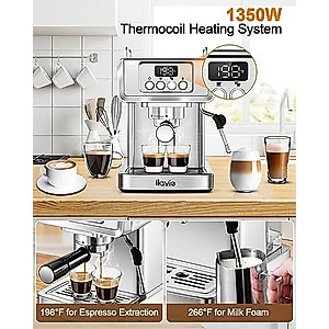 ILAVIE 20 Bar Espresso Machine, Stainless Steel Espresso Coffee Machine for Cappuccino, Latte, Espresso Maker for Home, Automatic Espresso Machine with Milk Steamer, 1.8L Water Tank, 1350W