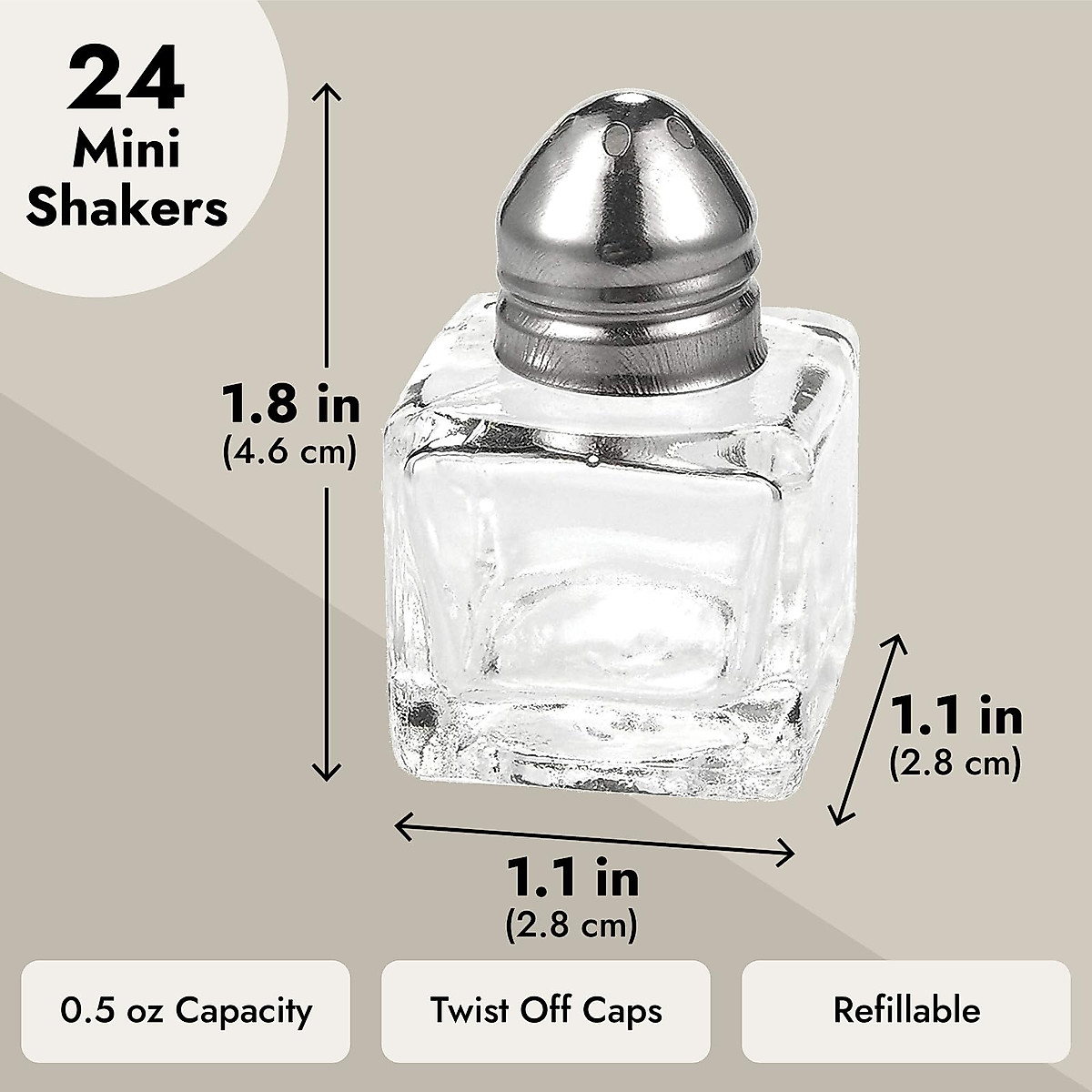Set of 24 Mini Salt and Pepper Shakers (Glass and Stainless Steel, 0.5 oz)