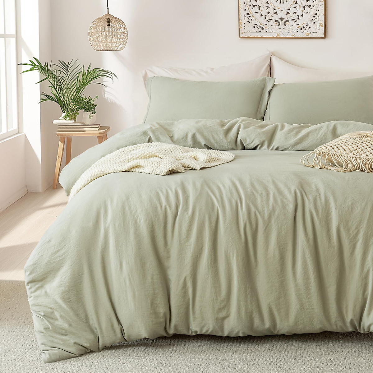 MILDLY Super Soft Duvet Cover - 100% Washed Microfiber October Mist Sage Comforter Cover Set 3 Pieces with Zipper Closure & Corner Ties (No Comforter)