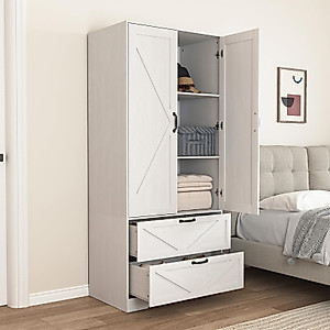 UZUGUL Armoire Wardrobe Closet with Mirror Door and 2 Drawer,Farmhouse Bedroom Armoire Cabinet with Hanging Rod and Light,Wooden Wardrobe Cabinet Closet with Adjustable Shelf for Bedroom