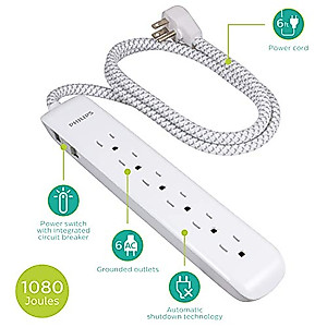 Philips 6 Outlet Power Strip Surge Protector, 6 Ft Power Cord, Designer Braided Extension Cord, Flat Plug, Perfect for Office or Home Décor, 1080 Joules, White, SPC3054WA/37