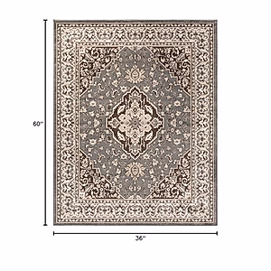Superior Indoor Area Rug, Plush Carpet Cover, Traditional Oriental Medallion, Perfect for Hallway, Entryway, Living Room, Dining, Bedroom, Office, Kitchen, Glendale Collection, 3' x 5', Grey