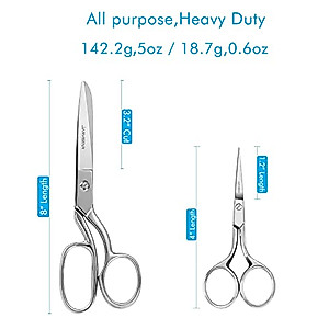 JARVISTAR 8” All Purpose Fabric Tailor Scissors Heavy Duty, Sharp Bent Dressmaker Shears and 4" Precision Small Pointed Embroidery Scissors for Crafts, Thread Needlework, Sewing &Yarn, Stainless Steel