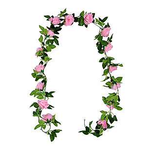 PONKING Artificial Rose Vine Flowers with Green Leaves, 3 Vine 22FT Hanging Fake Flower Garland, Roses Vine for Home Hotel Office Wedding Party Garden Craft Wall Decor, Pink
