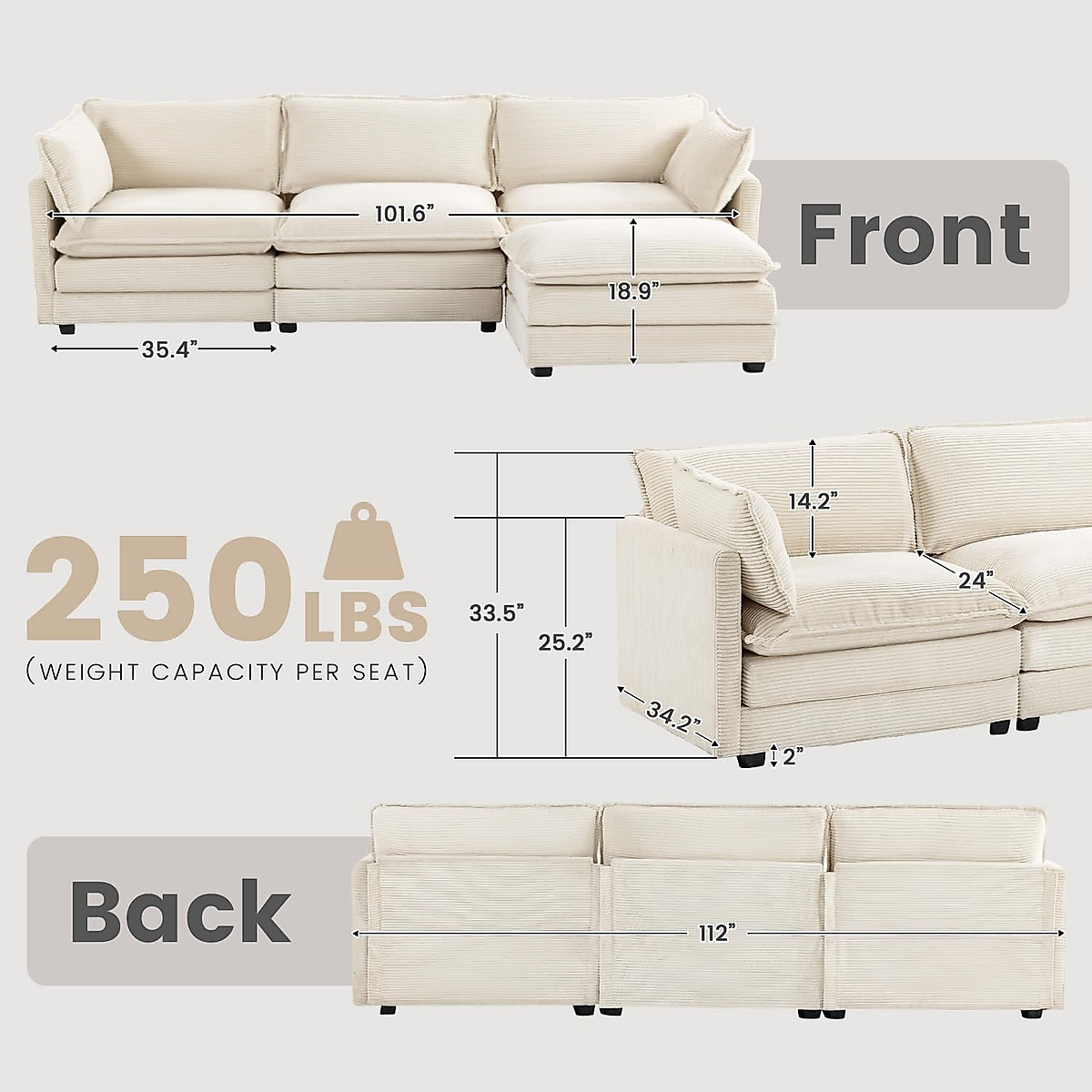 ROWHY Oversized Modular Sectional Sofa with Movable Ottoman, 112 Inch 4 Seat Modern Corduroy Sofa Set, Convertible L Shaped Couch for Living Room and Office, Beige