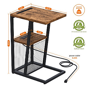 Heybly Side Table, C Shaped Nightstand End Table with Charging Station and Phone Holder,2 USB Ports and Power Outlets, Snack Sofa Couch Tables for Small Spaces, Rustic Brown HET001CSR1
