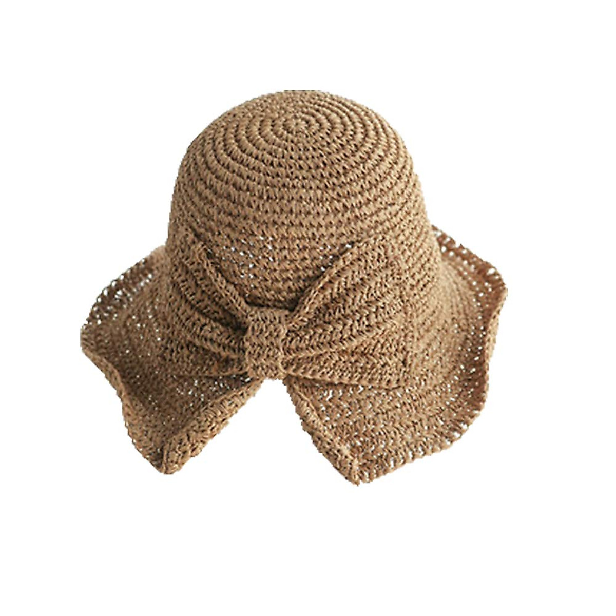 Womens Summer Sun Beach Straw Hat UPF50 Travel Foldable Wide Brim Summer UV Hat with Big Bow (Coffee)