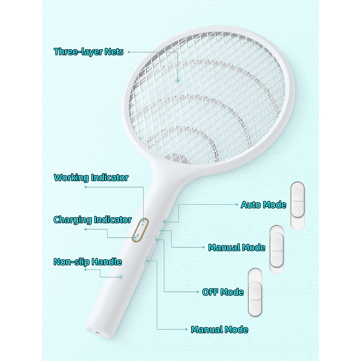 YISSVIC Electric Fly Swatter 4000V Bug Zapper Racket Dual Modes Mosquito Killer with Purple Mosquito Light Rechargeable for Indoor and Outdoor Home Office Backyard Patio Camping (1 Pack)