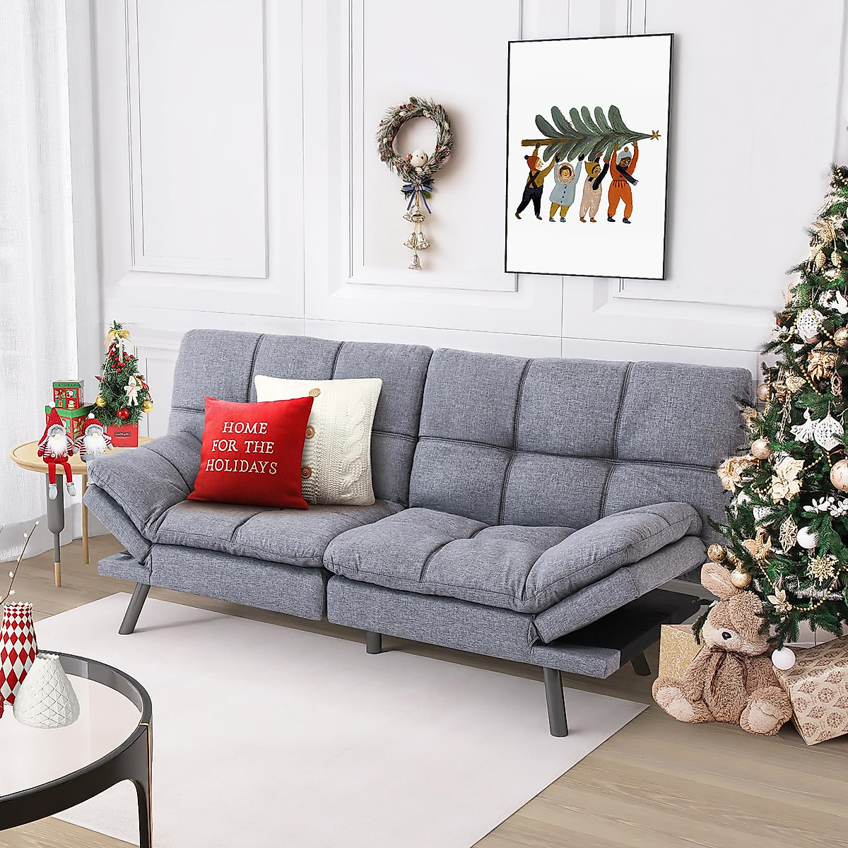 Hcore Convertible Futon Bed,Gray Fabric Memory Foam Loveseat Sofas, Pure Grey