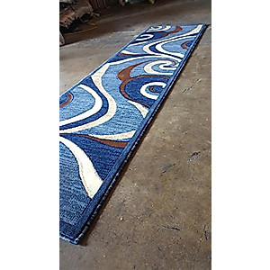 Modern Runner Contemporary Area Rug Blue Brown Carpet King Design 144 (2 Feet X 7 Feet 3 Inch)