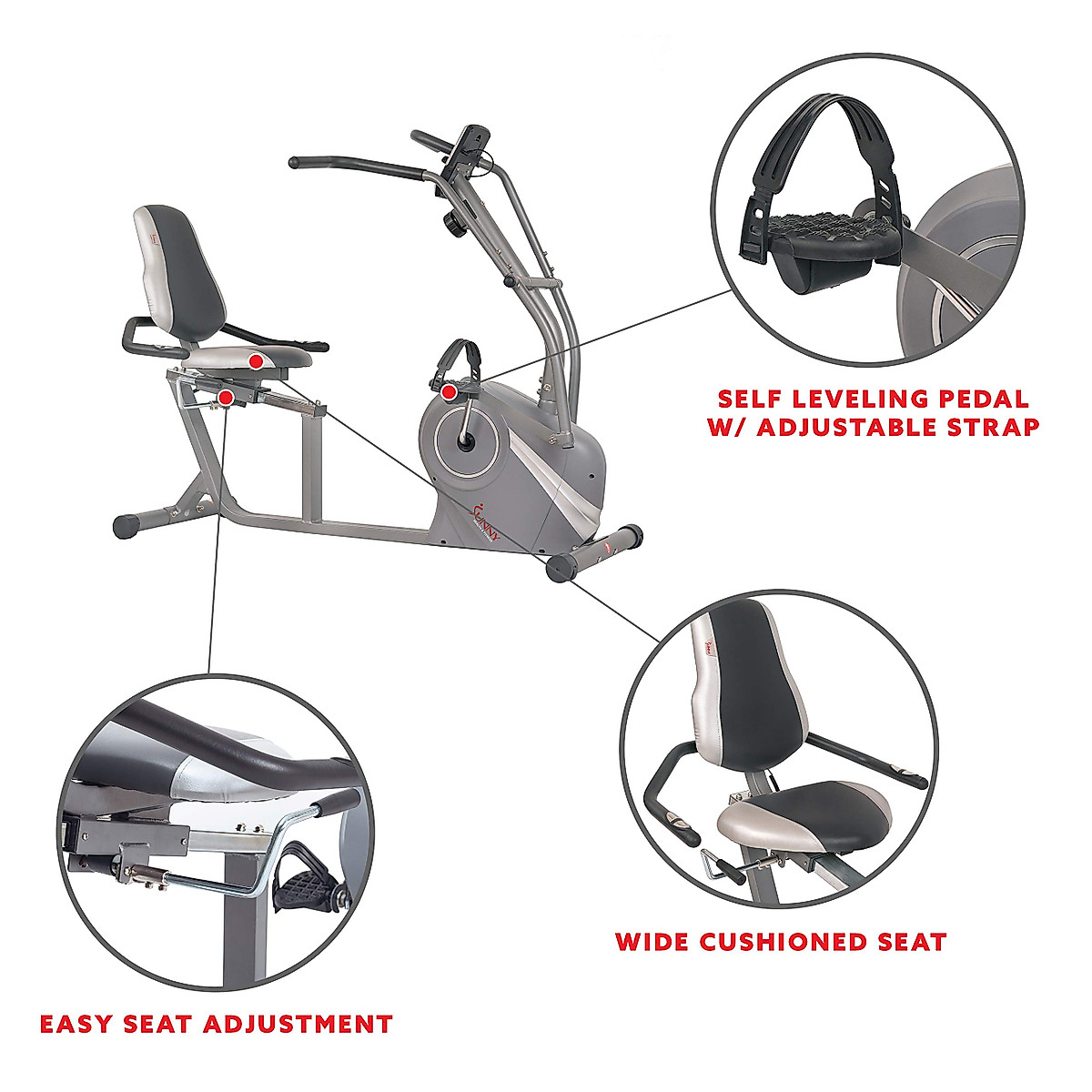 Sunny Health & Fitness Cross Trainer Magnetic Recumbent Bike with Arm Exercisers - SF-RB4936, Silver