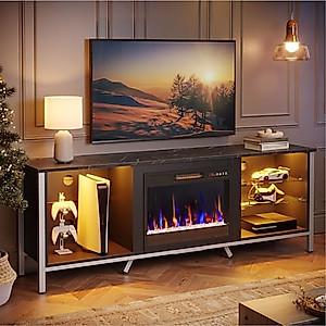 Bestier Fireplace TV Stand for 70/75 inch TV, Gaming LED Entertainment Center with 23 inch Electric Fireplace for PS5, Modern TV Console with Adjustable Glass Shelves for Living Bedroom Black Marble