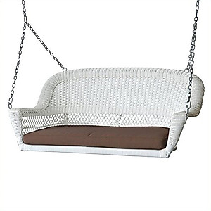 Jeco White Wicker Porch Swing with Brown Cushion