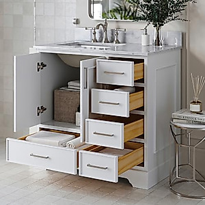 ARIEL Stafford 37 Inch Bathroom Vanity with Sink, White Bathroom Vanity, Solid Wood Vanity Base Cabinet, Carrara Marble Countertop, Left Rectangular Undermount Sink, 2 Soft Closing Doors, 5 Drawers
