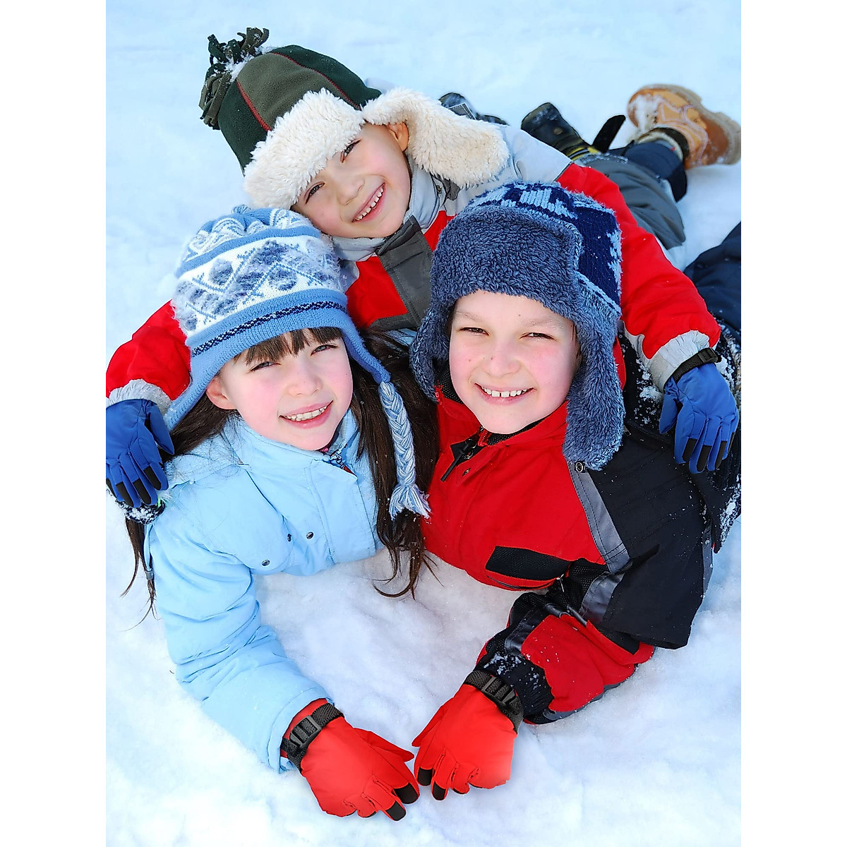 Eurzom 2 Pairs Kids Winter Gloves Waterproof Ski Gloves Windproof Warm Unisex Ski Gloves Warm Snow Gloves with Hook and Loop(Red, Blue, for 6-13 Years)