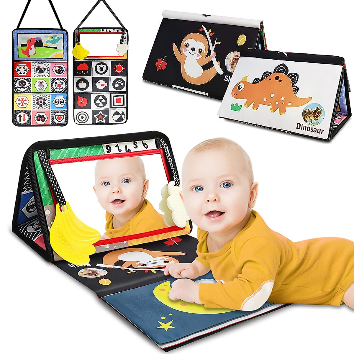 Baby Mirror Toys for Tummy Time,Newborn,Infant 0-3-4-6-12 Months Old Gift,Boy/Girl Brain Developmental Montessori Sensory Crinkle Black and White Book.Essential Activity Safe Mirror for Floor,Crib,Car